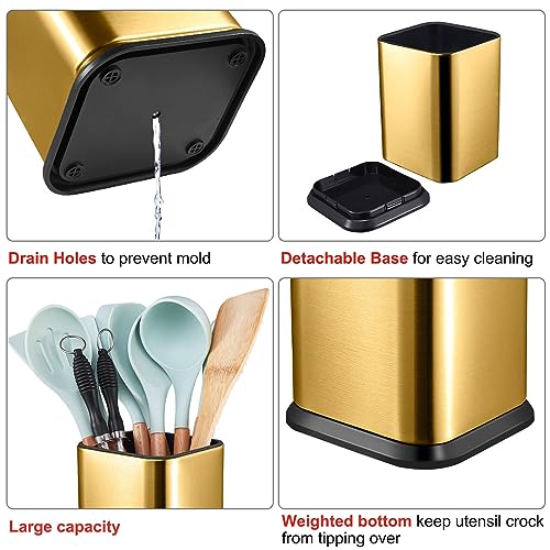 RedCall Stainless Steel Kitchen Utensil Holder for Countertop, Spoon Spatula Organizer,Modern Rectangular Large Cooking Utensil Caddy Counter,Utensil Crock (Stainless Steel Gold)