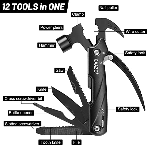 Multitool Camping Accessories, Stocking Stuffers for Men and Women, 12 in 1 Claw Hammer with Pliers Knife Saw, Screwdrivers Bottle Opener, Outdoor activities