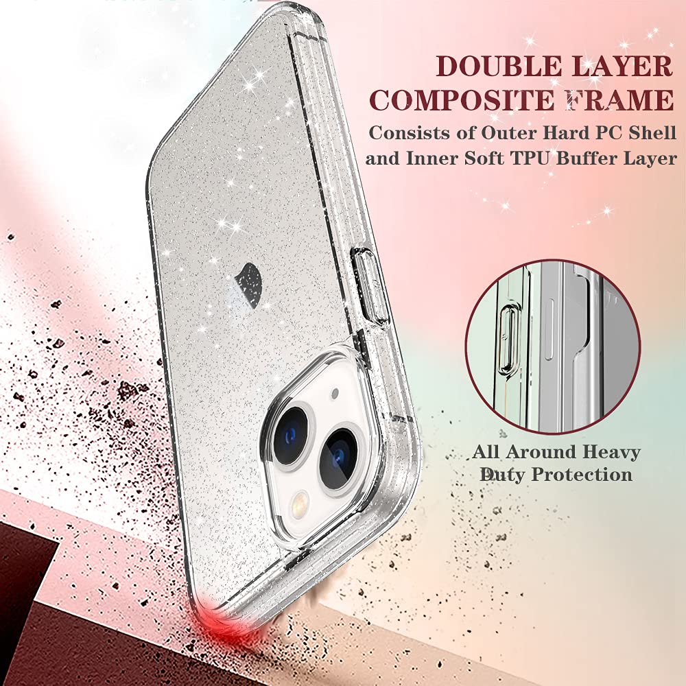 LABILUS Glitter Shining Double Layers Bumper Hard PC Back Protective Case for Girls Women, Compatible with iPhone 13 Mini (5.4 inches) - Clear