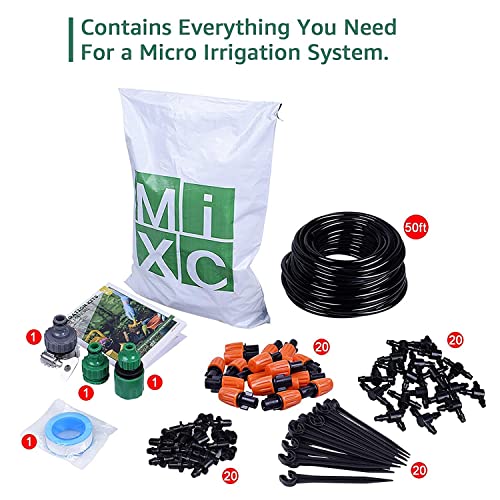 MIXC 1/4-inch Mist Irrigation Kits Accessories Plant Watering System with 50ft 1/4β Blank Distribution Tubing Hose, 20pcs Misters, 39pcs Barbed Fittings, Support Stakes, Quick Adapter, Model: GG0B