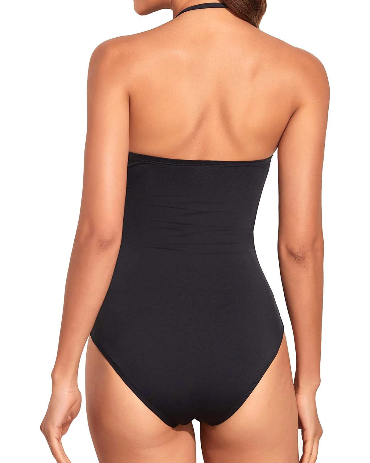 Holipick Women Black Bandeau One Piece Swimsuits Tummy Control Bathing Suits Halter Strapless Swimwear S