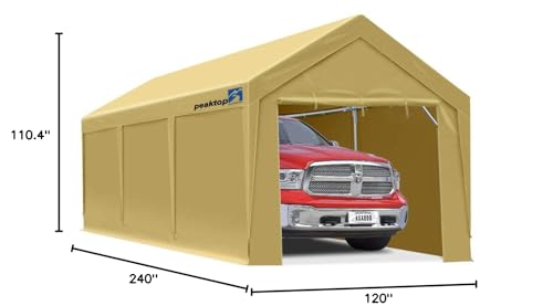 PEAKTOP OUTDOOR 10x20 ft Heavy Duty Carport, Portable Car Canopy, Garage Tent, Boat Shelter with Reinforced Triangular Beams and Ground Bar, Removable Sidewall & Zipper Doors, Beige