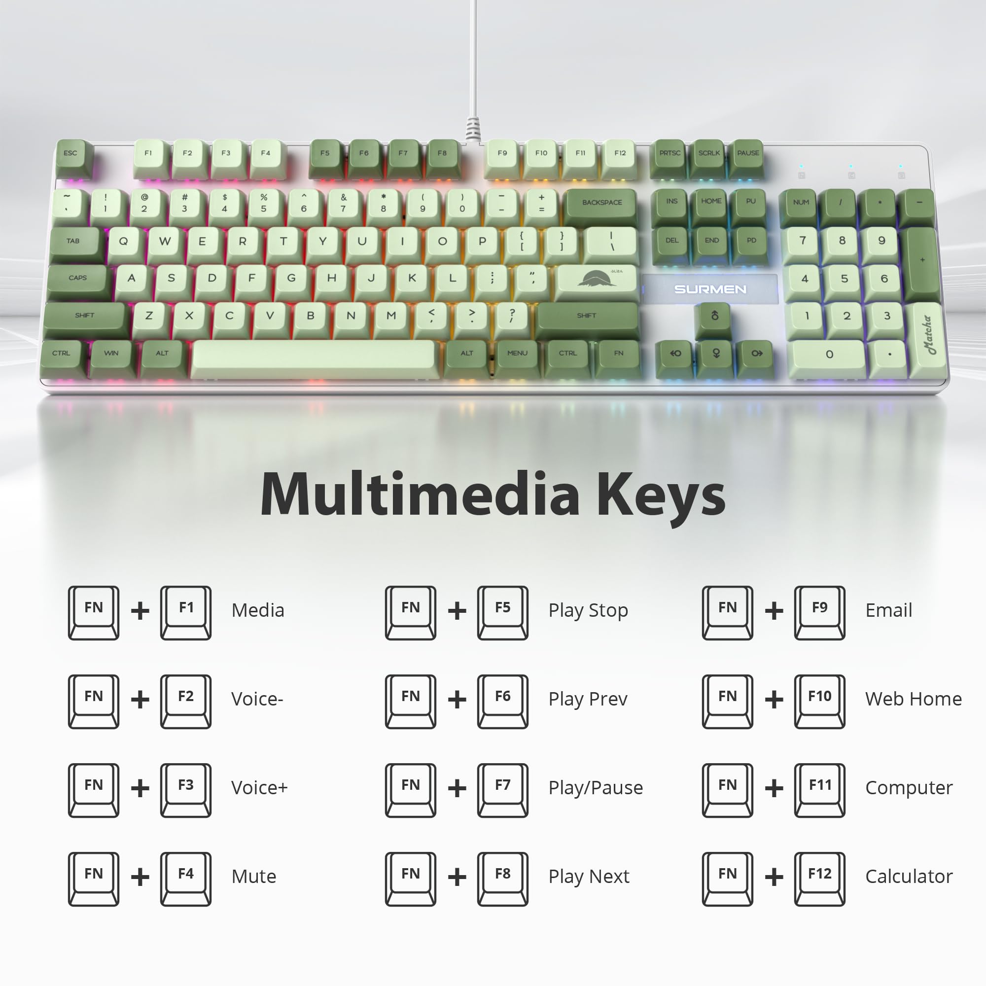 Fogruaden Full Size Mechanical Keyboard, Green Matcha Keyboard, Wired USB 104 Keys RGB Backlit Gaming Keyboard with Number Pad, Red Switches, NKRO Mechanical Keyboard for Windows Laptop PC Gamer