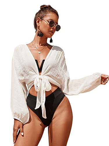 Verdusa Women's Tie Front Long Sleeve Swimsuit Kimono Cover Up Wrap Blouse Top White M