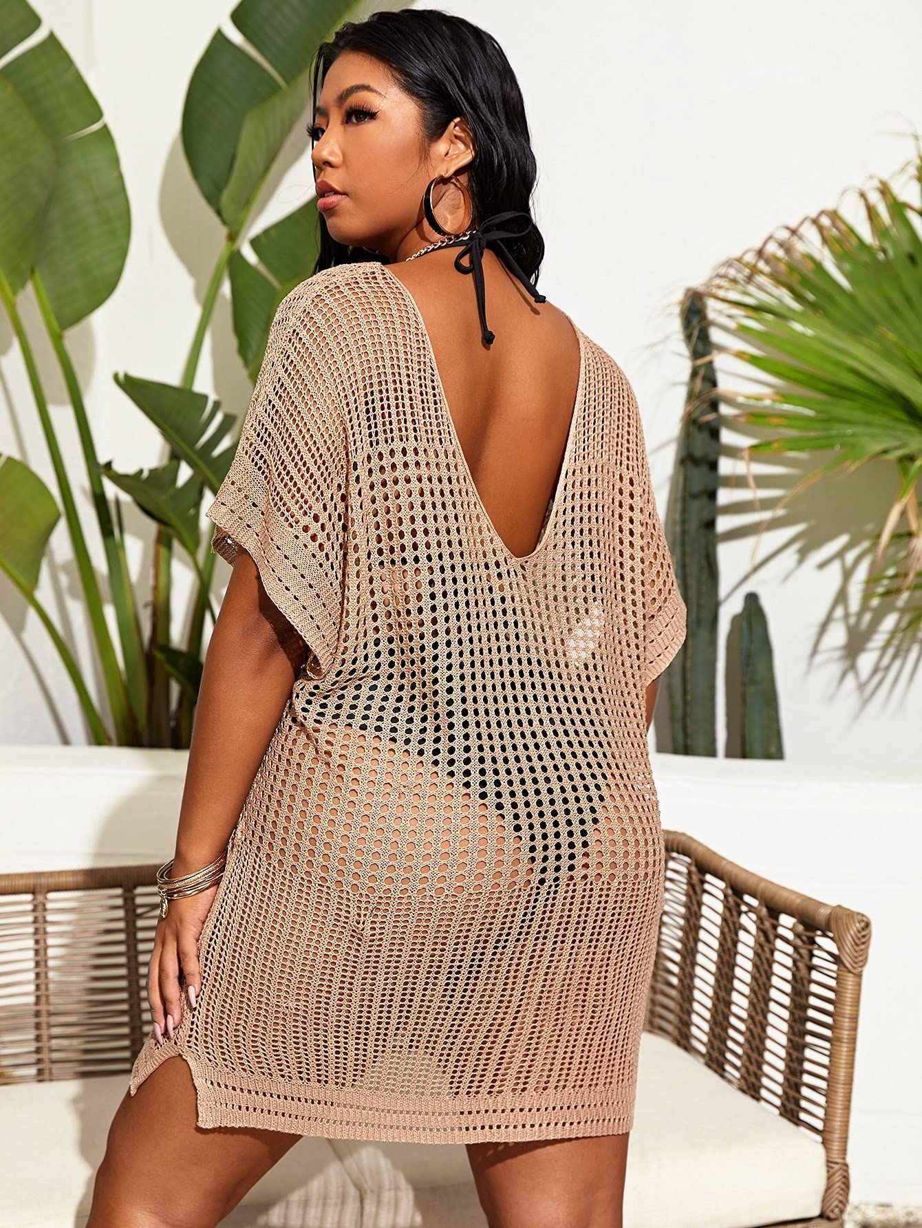 SOLY HUX Women's Plus Size Casual Summer Short Sleeve Cover Up Hollow Out Split Swimsuit Bikini Beach Dress Camel 3XL