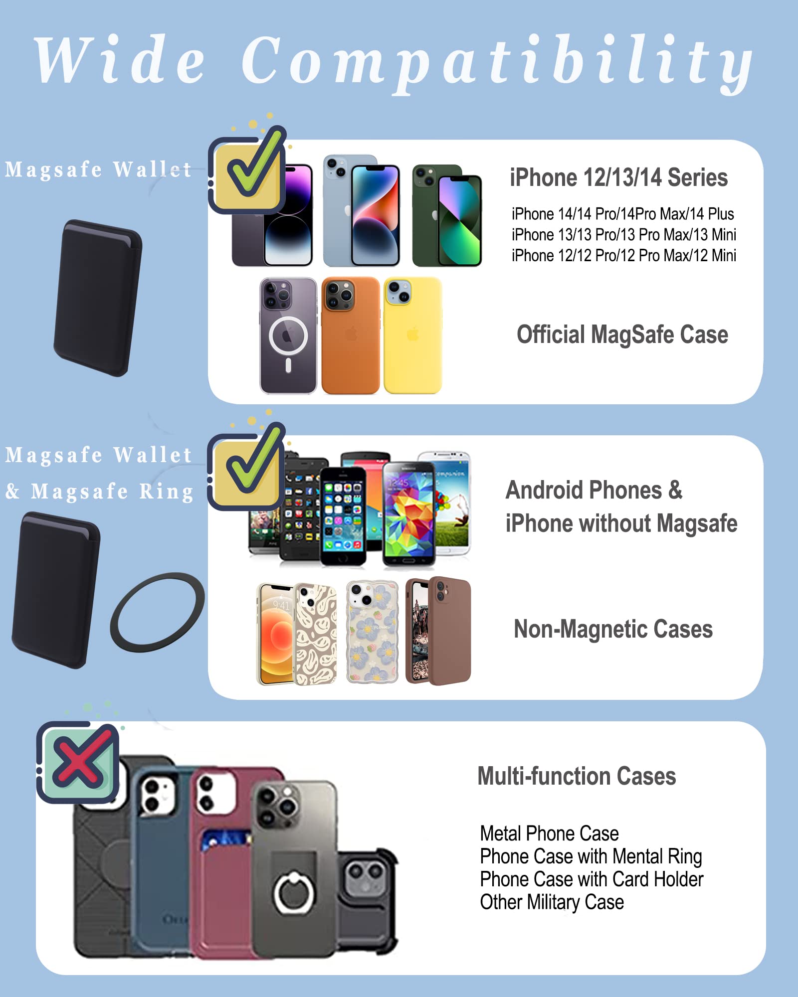Meroqeel Magnetic Card Wallet Holder with Ring for MagSafe iPhone 14/13 / 12 Mini Plus and Pro Max Series, Leather Mag Safe Cell Phone Case with Strong Magnet for Credit Card - Midnight Black