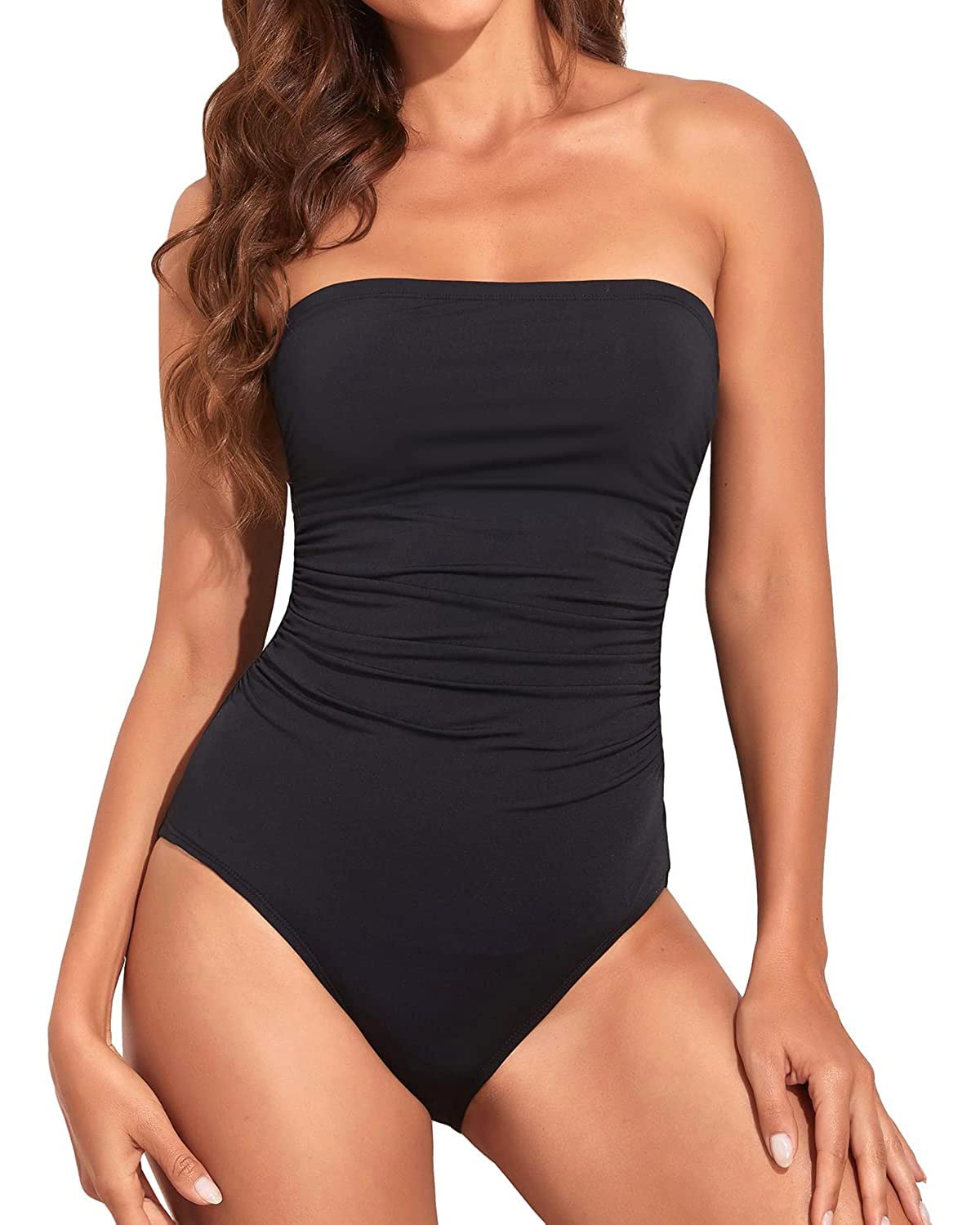 Holipick Women Black Bandeau One Piece Swimsuits Tummy Control Bathing Suits Halter Strapless Swimwear S