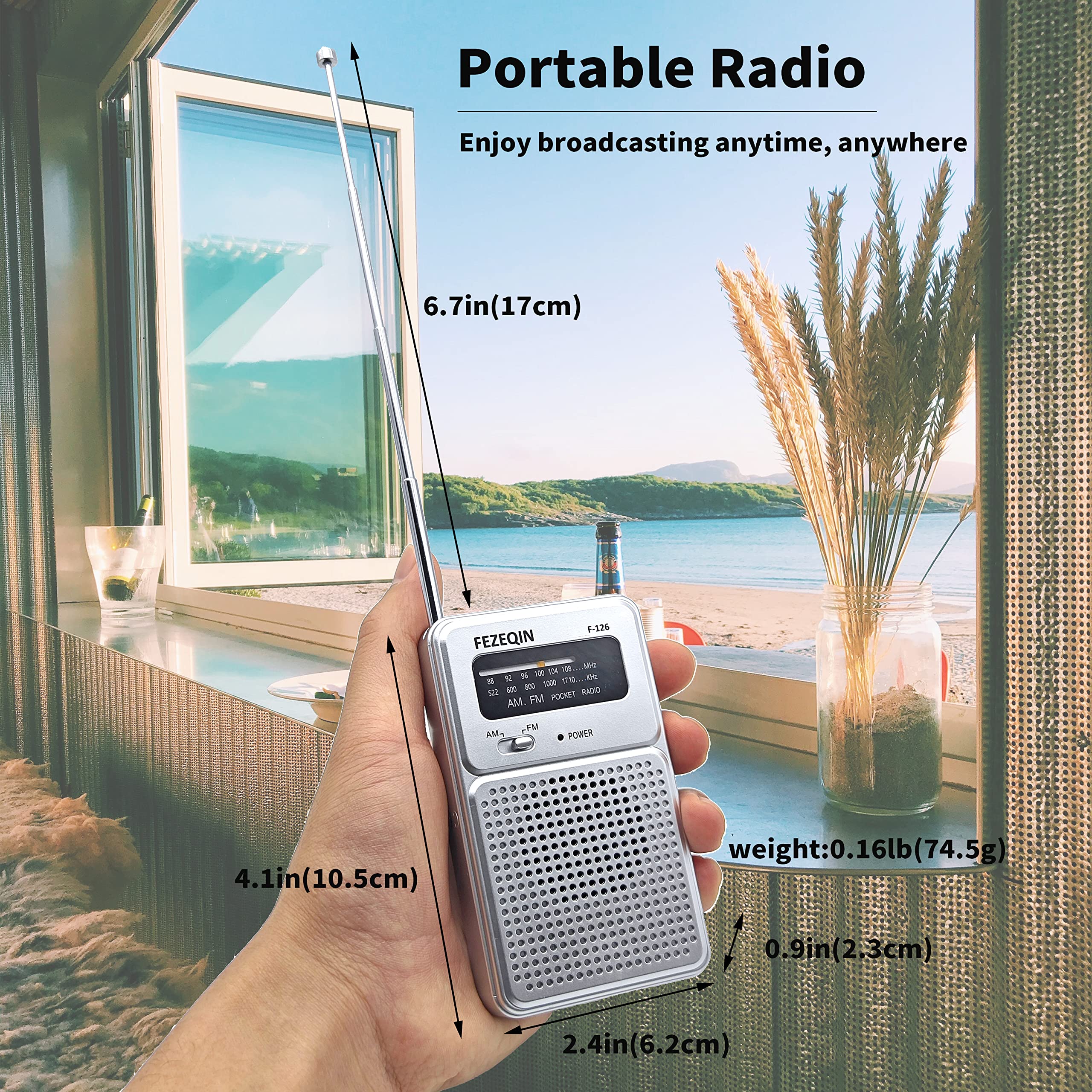 FEZEQIN F-126 Portable Radio AM FM Battery Operated Radio Compact Transistor Excellent Reception with Tuning Light, Back Clip, Speaker Headphone Jack for Walking, Camping and Emergency (Silver)
