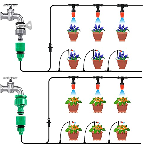 MIXC 1/4-inch Mist Irrigation Kits Accessories Plant Watering System with 50ft 1/4β Blank Distribution Tubing Hose, 20pcs Misters, 39pcs Barbed Fittings, Support Stakes, Quick Adapter, Model: GG0B