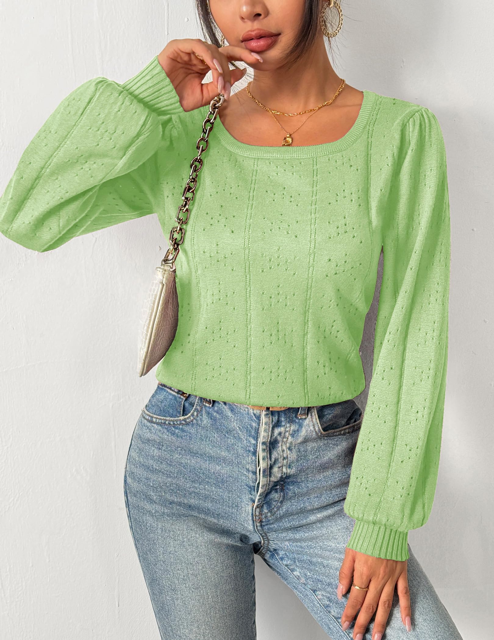 HOTOUCH Womens Puff Sleeve Sweater 2025 Square Neck Casual Cozy Cute Knit Slim Pullover Jumper Tops