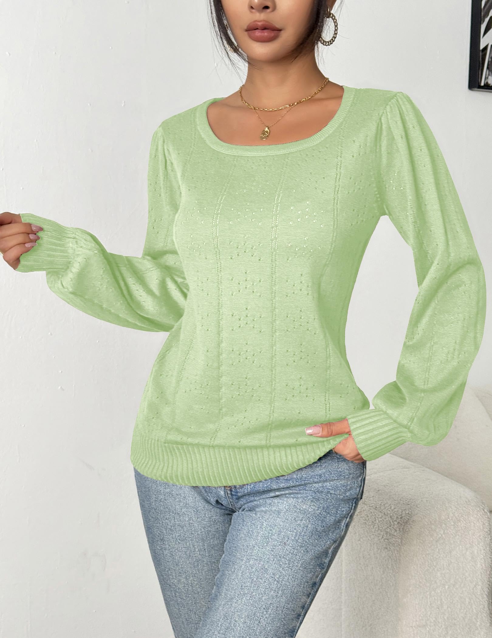 HOTOUCH Womens Puff Sleeve Sweater 2025 Square Neck Casual Cozy Cute Knit Slim Pullover Jumper Tops