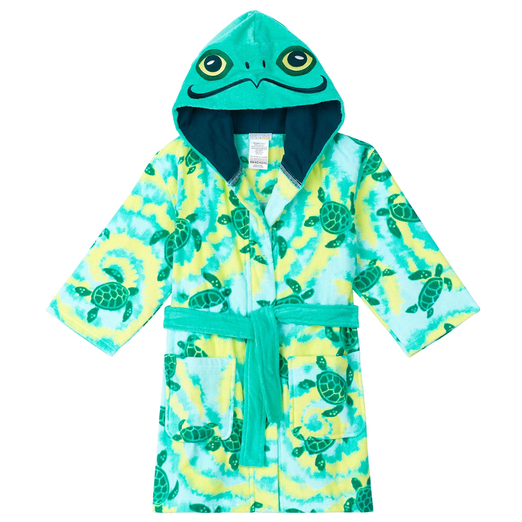 Saint Eve Kids Swim Coverup with Hood - Boys & Girls Soft Robe with Pockets and Waist Tie - Absorbent Terry Cloth - Green Turtle - Medium
