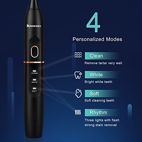 kingheroes Sonic Electric Toothbrush with 8 Brush Heads & Travel Case,4 Modes, One Charge for 60 Days, 42000 VPM Motor,Black Electric Toothbrush Set