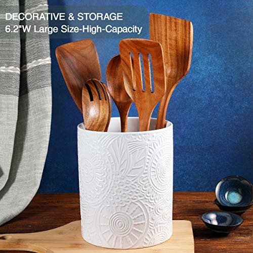 MEIGUI Ceramic Utensil Holder, 7.5 inch High Utensil Holder for Countertop, Modern Cooking Large Utensil Caddy, Durable and Stylish Kitchen Utensil Crock, Flower White