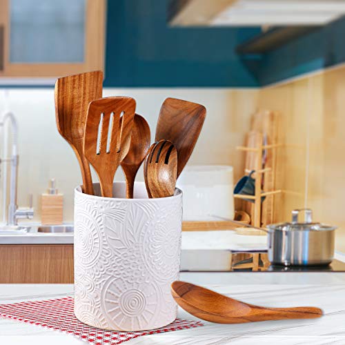 MEIGUI Ceramic Utensil Holder, 7.5 inch High Utensil Holder for Countertop, Modern Cooking Large Utensil Caddy, Durable and Stylish Kitchen Utensil Crock, Flower White