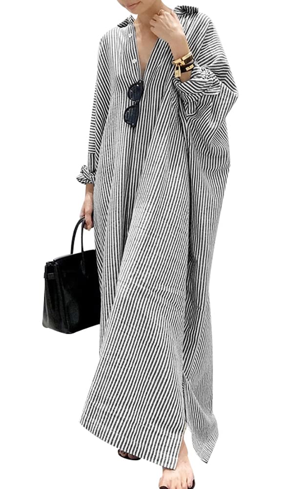 chouyatou Women's Casual Long Sleeve Button Down Loose Striped Cotton Maxi Shirt Dress (X-Large, Black)