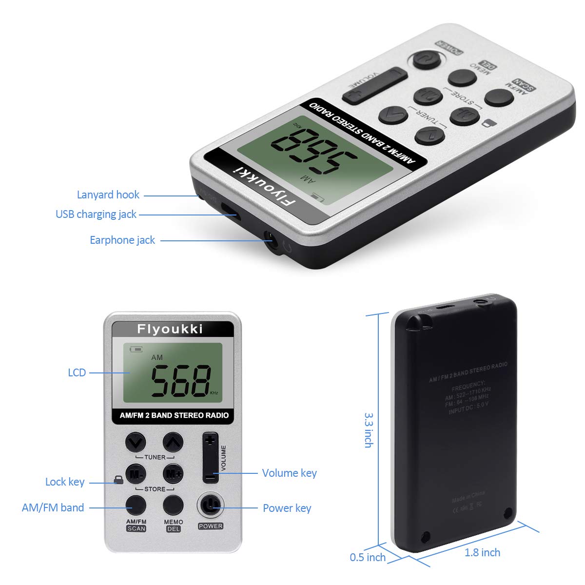Pocket Small Radio by Flyoukki, Personal Mini AM FM Portable Digital Tuning Transistor Radios with Best Reception, Earphones, Lanyard and Rechargeable Battery for Walking Jogging Exercising (Silver)