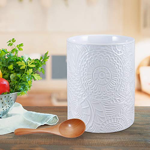 MEIGUI Ceramic Utensil Holder, 7.5 inch High Utensil Holder for Countertop, Modern Cooking Large Utensil Caddy, Durable and Stylish Kitchen Utensil Crock, Flower White