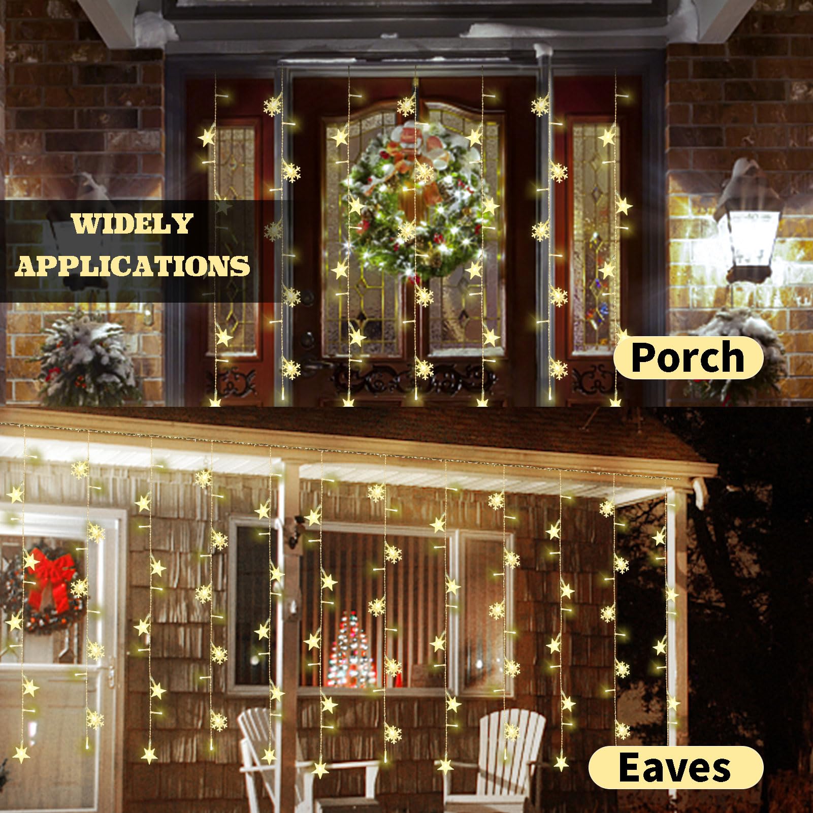 Newhale 8 Modes Christmas Curtain String Lights with Snowflake and Star, USB Plug in Wall Lights Christmas Decorations for Indoor or Outdoor, Christmas Window Lights Decor, Warm White