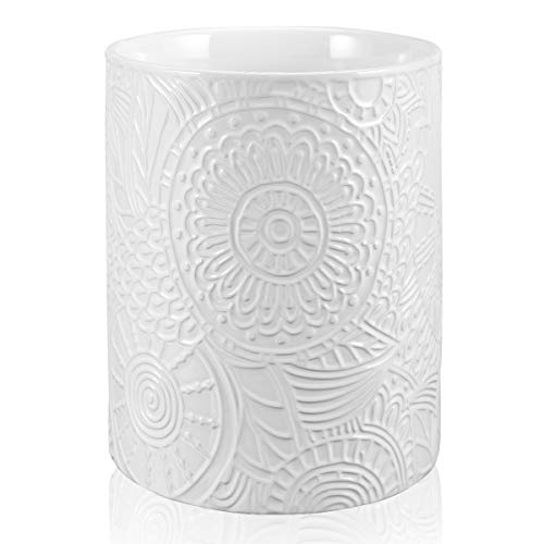 MEIGUI Ceramic Utensil Holder, 7.5 inch High Utensil Holder for Countertop, Modern Cooking Large Utensil Caddy, Durable and Stylish Kitchen Utensil Crock, Flower White
