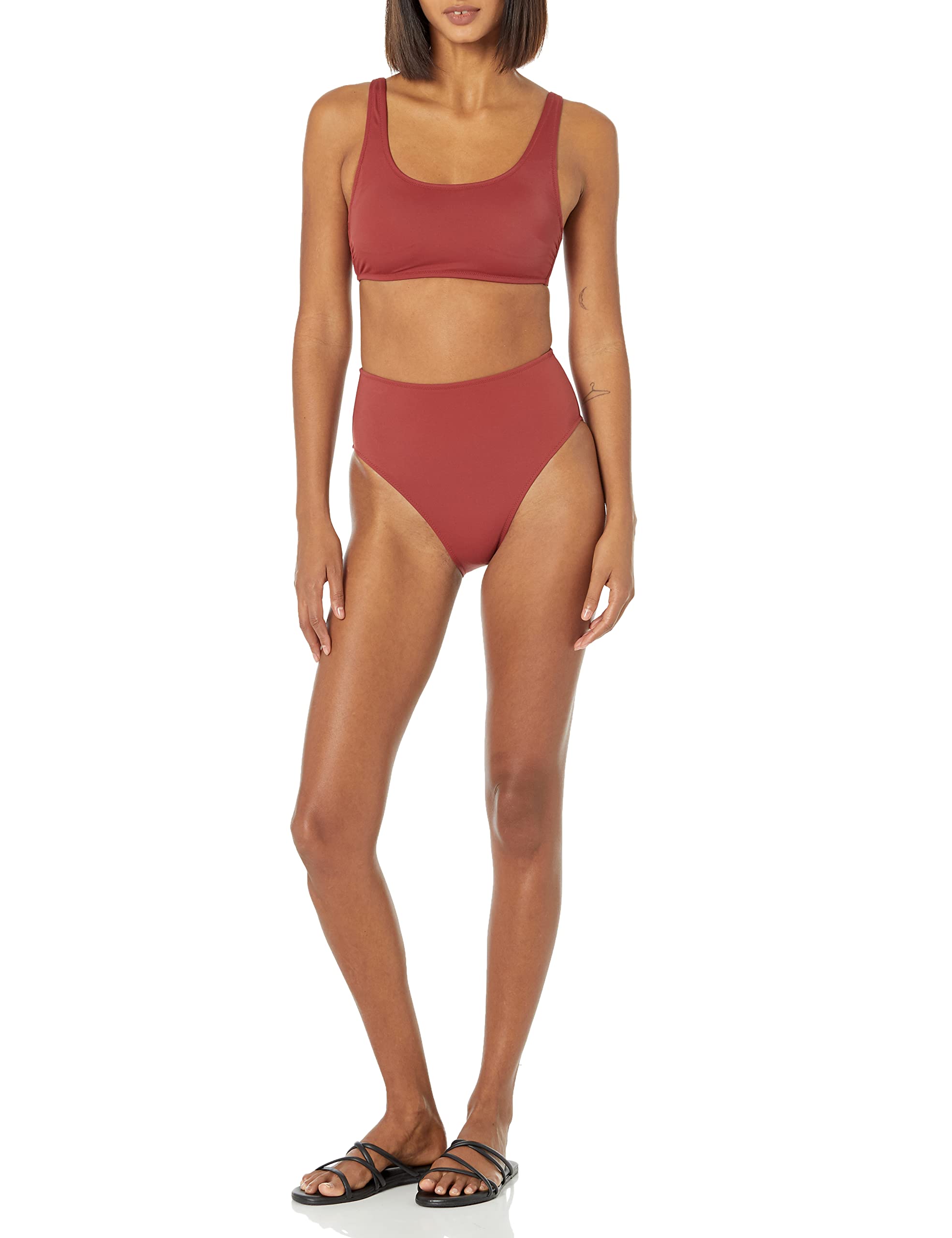 Amazon Essentials Women's High Waist High Leg Bikini Bottom, Brick Red, Medium
