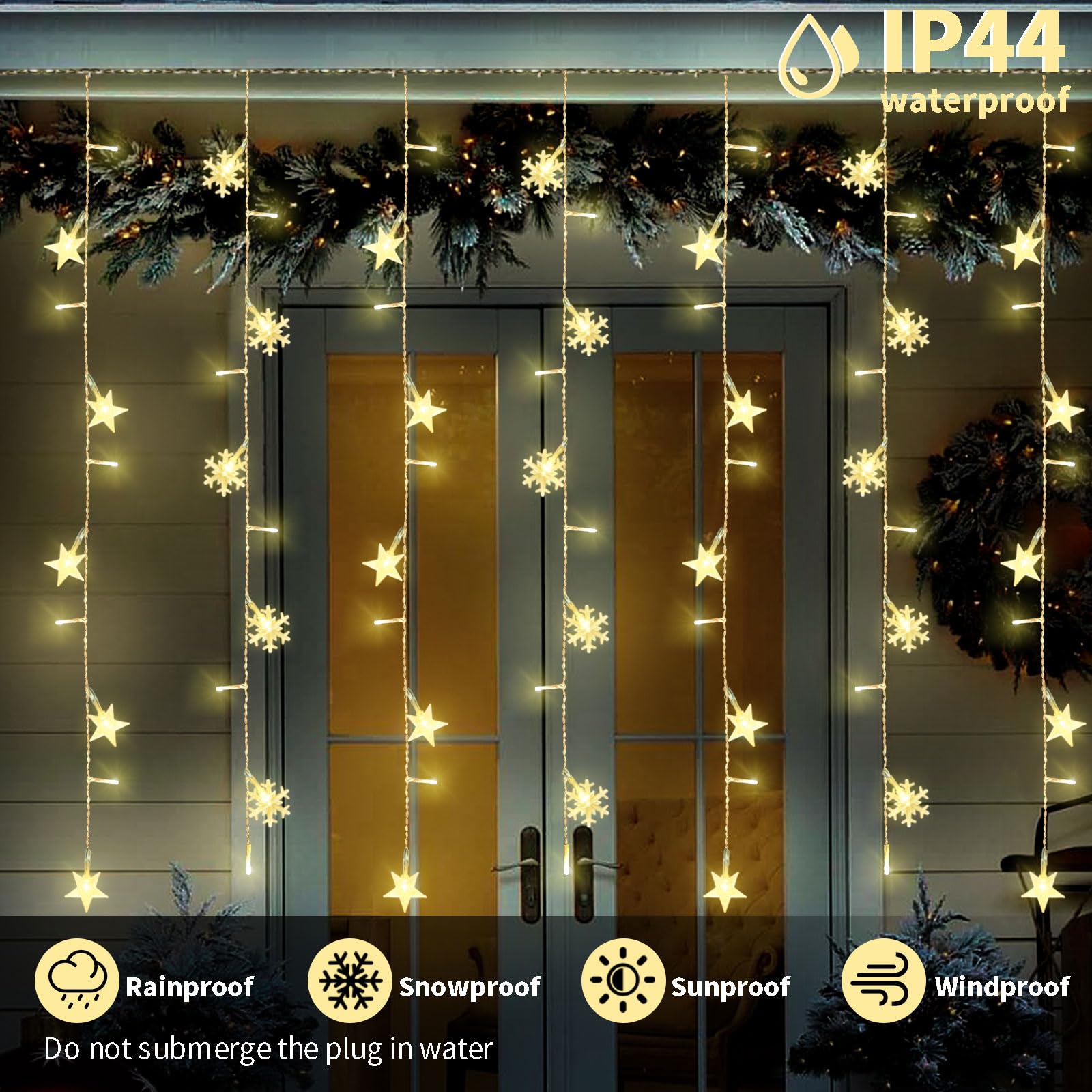 Newhale 8 Modes Christmas Curtain String Lights with Snowflake and Star, USB Plug in Wall Lights Christmas Decorations for Indoor or Outdoor, Christmas Window Lights Decor, Warm White