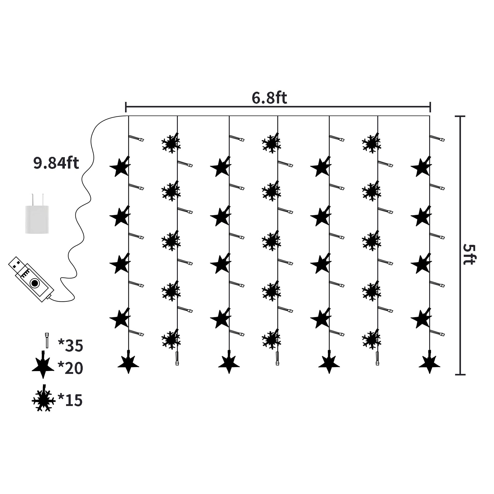 Newhale 8 Modes Christmas Curtain String Lights with Snowflake and Star, USB Plug in Wall Lights Christmas Decorations for Indoor or Outdoor, Christmas Window Lights Decor, Warm White