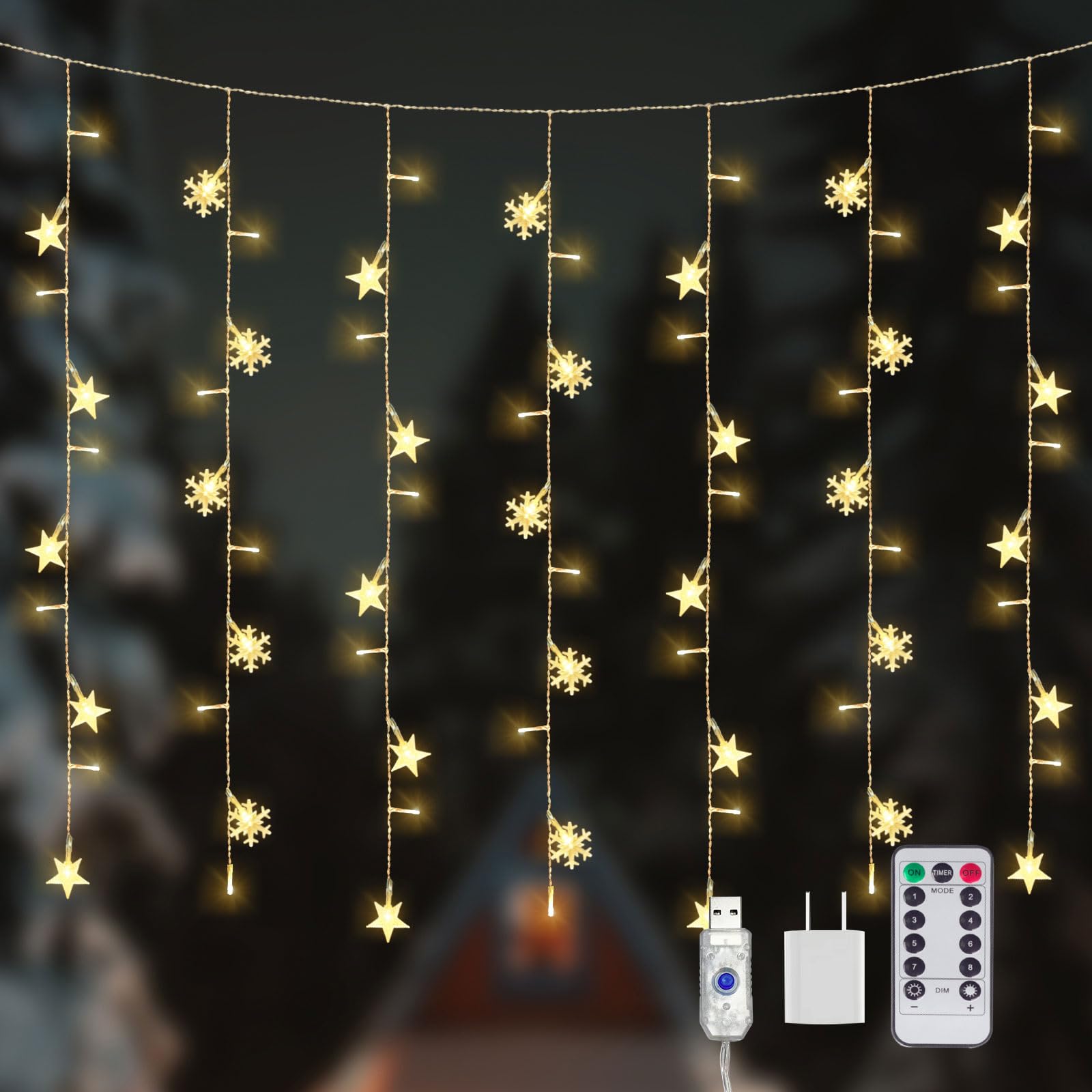 Newhale 8 Modes Christmas Curtain String Lights with Snowflake and Star, USB Plug in Wall Lights Christmas Decorations for Indoor or Outdoor, Christmas Window Lights Decor, Warm White