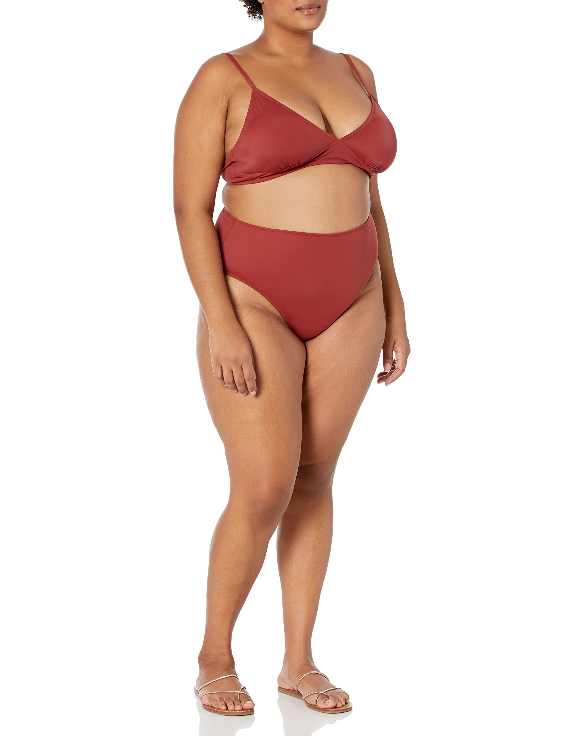 Amazon Essentials Women's High Waist High Leg Bikini Bottom, Brick Red, Medium