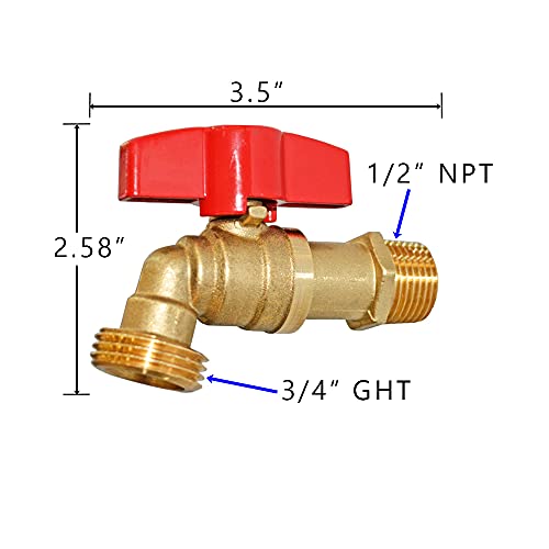 HQMPC Outdoor Spigot Hose Ball Valve Hose Bibb Garden Hose Connect Bibb Shut Off Valve No Lead Brass Stop Valve 1/2" MNPT Connect 3/4" GHT Outlet 2 Pcs