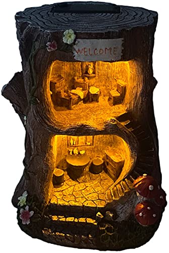 BEXLEYBAY Solar Light Gnome Fairy Tree House Outdoor Statues, Big Size Elf Miniature Buildings Tree House Sculptures for Outdoor Garden Patio Lawn Path Decorations, 8" Tall