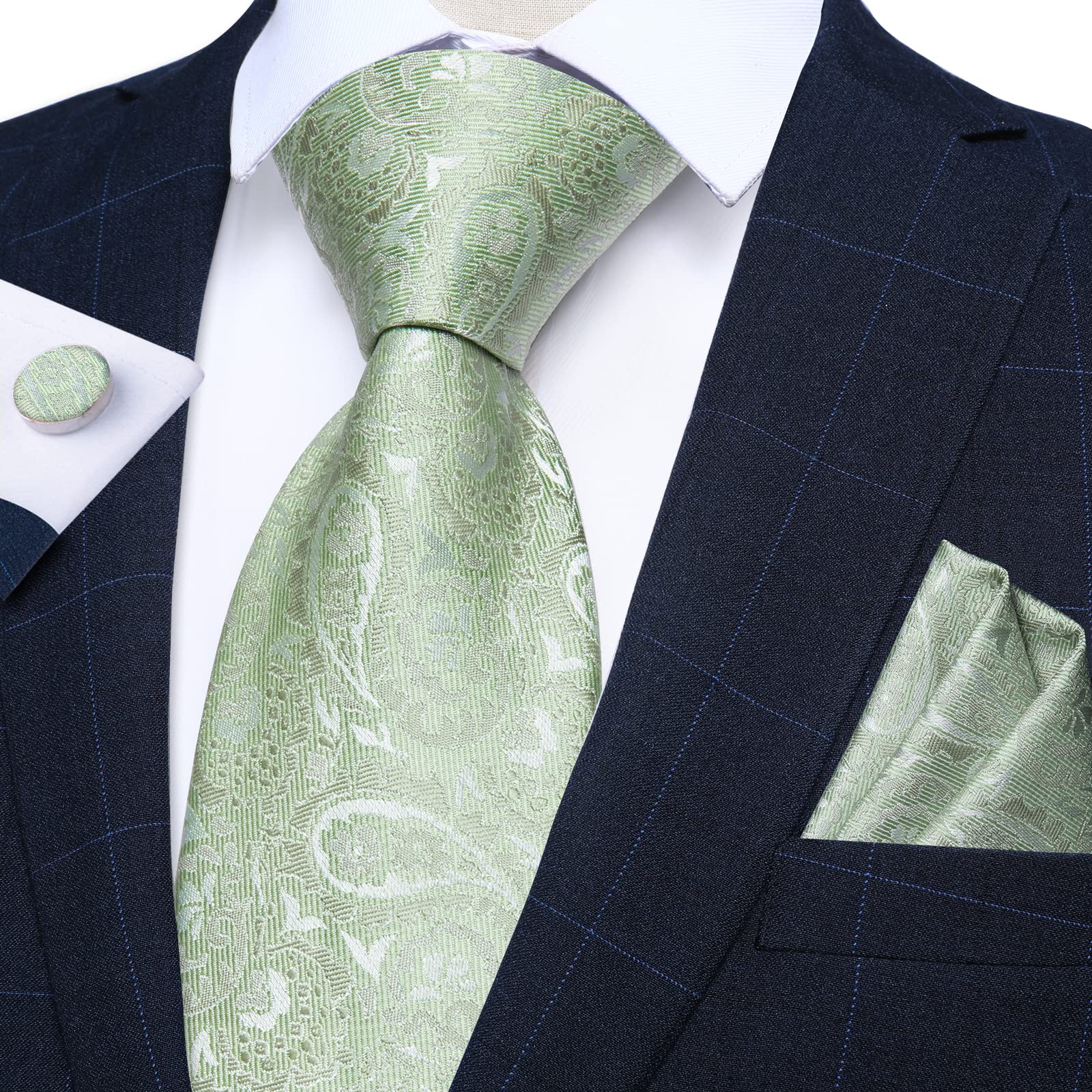DiBanGu Men Light Green Floral Tie Sage Green Paisley Tie Pocket Square Set Silk Wedding Prom
