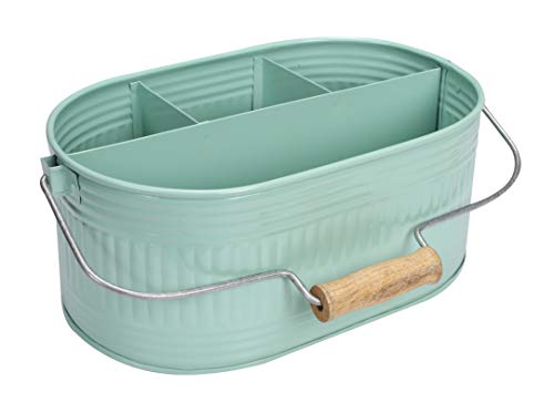 Alpha Living Home Farmhouse Utensil Caddy Carry-All Serveware-Galvanized Metal Organizer for Kitchen Counter-Comfort Wooden Handle In/Outdoor Storage For Flatware,Condiments,Party Cutlery,Arts-TEAL