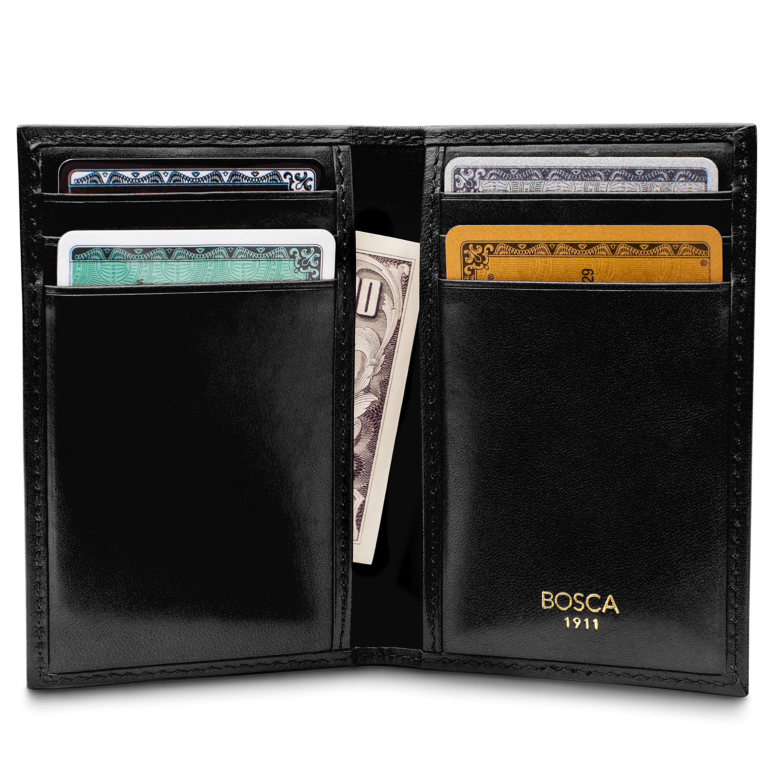 Bosca Men's Leather Card Holder Wallet – Italian Full Grain Vegetable Tanned Credit Card Case – 6 Card Slots, 2 Receipt Wells – Classic Glossy Finish – Gift-Ready Packaging - Black