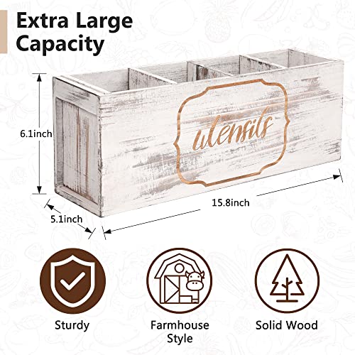 Yumkfoi Extra Large Utensil Holder with 4 Compartments, Wooden Farmhouse Utensil Organizer for Kitchen Counter, Rustic Cooking Utensil Holder Countertop Utensil Crock Spatula Holder (Distressed White)