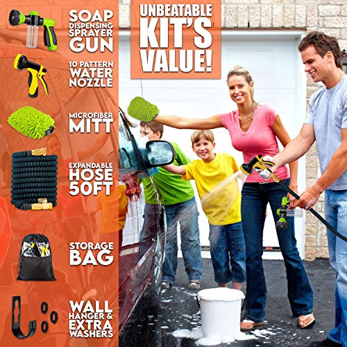 Topidex Car Wash Kit, Expandable Garden Hose 50 FT - with High Pressure Spray Nozzle β Durable Soap Dispensing Sprayer Gun - 9 Spray + 3 Foam Spraying Patterns with Storage Bag, Hanger & Wash Mitt