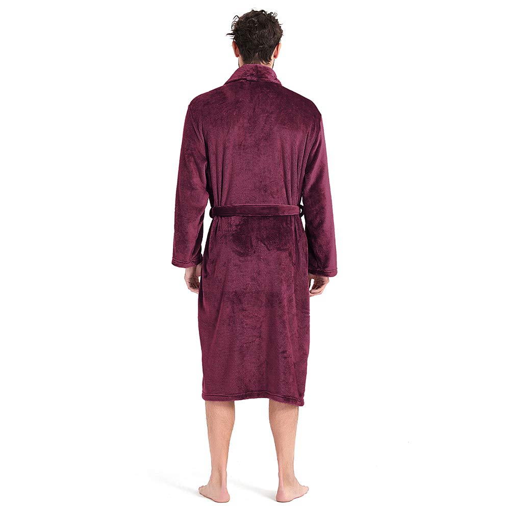 HOLOVE Men’s Fleece Shawl Collar Robe Plush Warm Bathrobe Soft Luxurious Dressing Gown for Men (Wine 2XL/3XL)