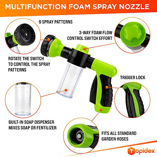 Topidex Car Wash Kit, Expandable Garden Hose 50 FT - with High Pressure Spray Nozzle β Durable Soap Dispensing Sprayer Gun - 9 Spray + 3 Foam Spraying Patterns with Storage Bag, Hanger & Wash Mitt