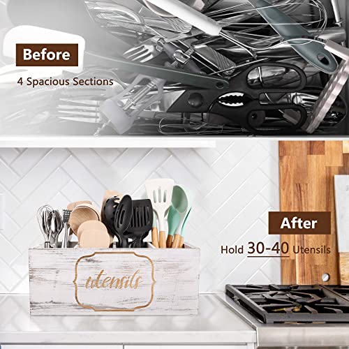 Yumkfoi Extra Large Utensil Holder with 4 Compartments, Wooden Farmhouse Utensil Organizer for Kitchen Counter, Rustic Cooking Utensil Holder Countertop Utensil Crock Spatula Holder (Distressed White)