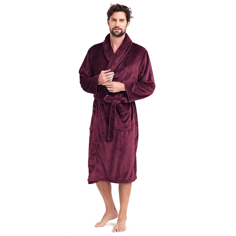 HOLOVE Men’s Fleece Shawl Collar Robe Plush Warm Bathrobe Soft Luxurious Dressing Gown for Men (Wine 2XL/3XL)