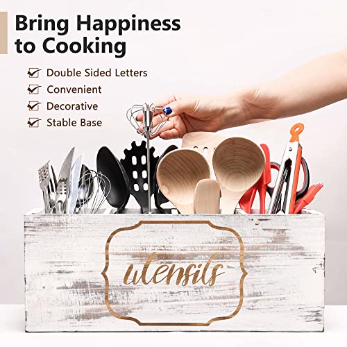 Yumkfoi Extra Large Utensil Holder with 4 Compartments, Wooden Farmhouse Utensil Organizer for Kitchen Counter, Rustic Cooking Utensil Holder Countertop Utensil Crock Spatula Holder (Distressed White)