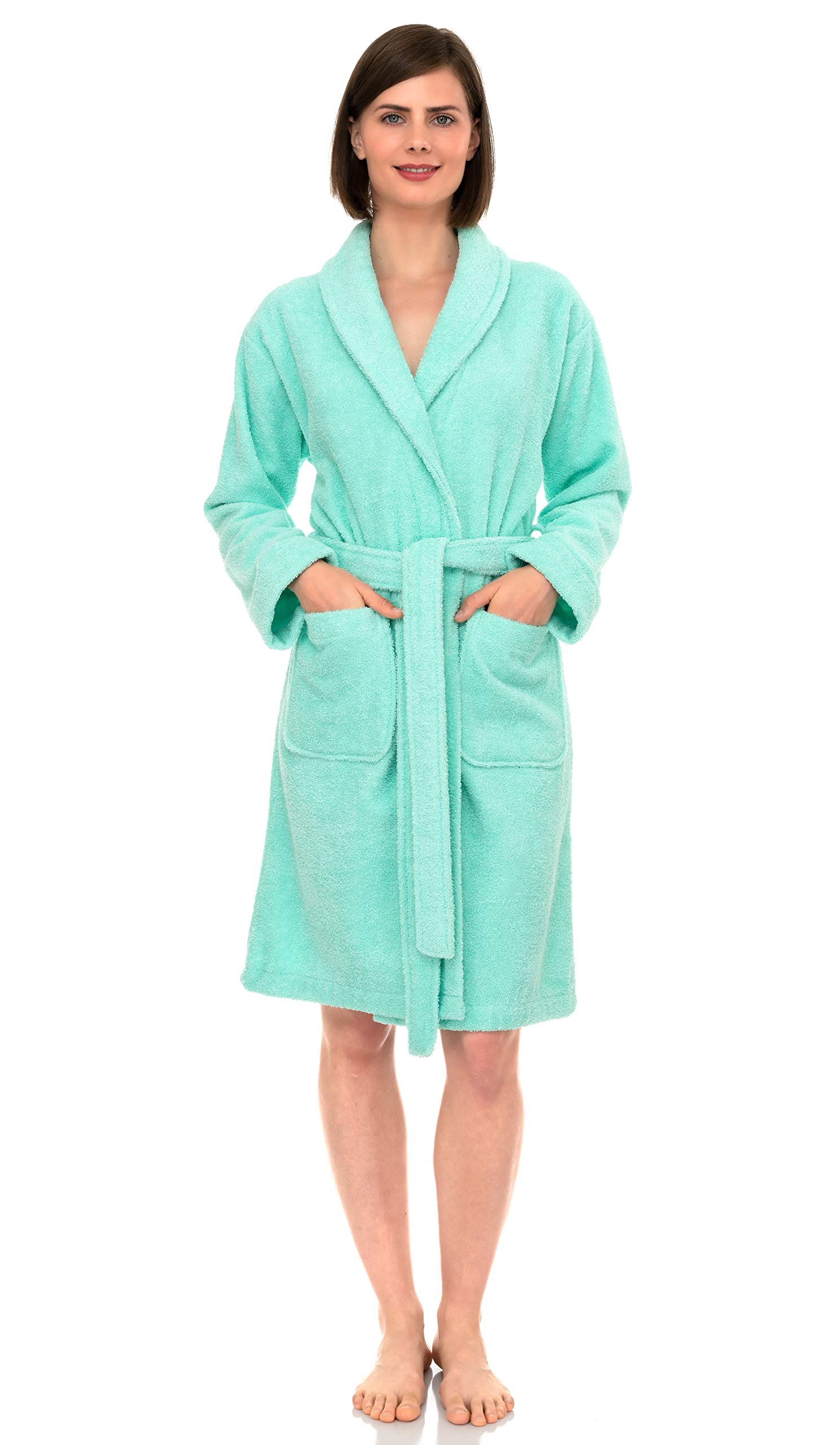 TowelSelections Women’s Robe, 100% Cotton Short Terry Shawl Bathrobe Medium Beach Green