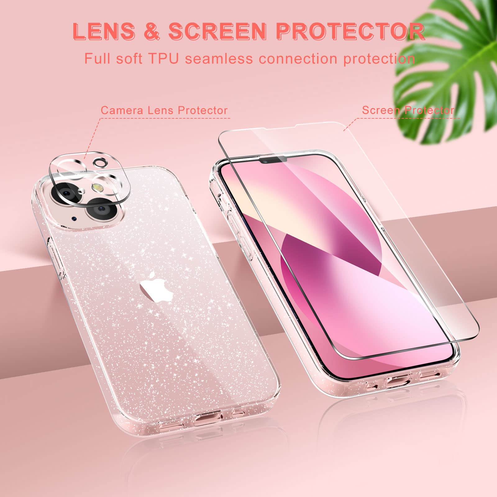 KSWOUS Sparkly Glitter Case for iPhone 13 Mini 5.4 Inch with Screen Protector[2 Pack] + Camera Lens Protector[2 Pack], Soft Protective Clear Cases for Women Girls Cute Shockproof Bling Phone Cover