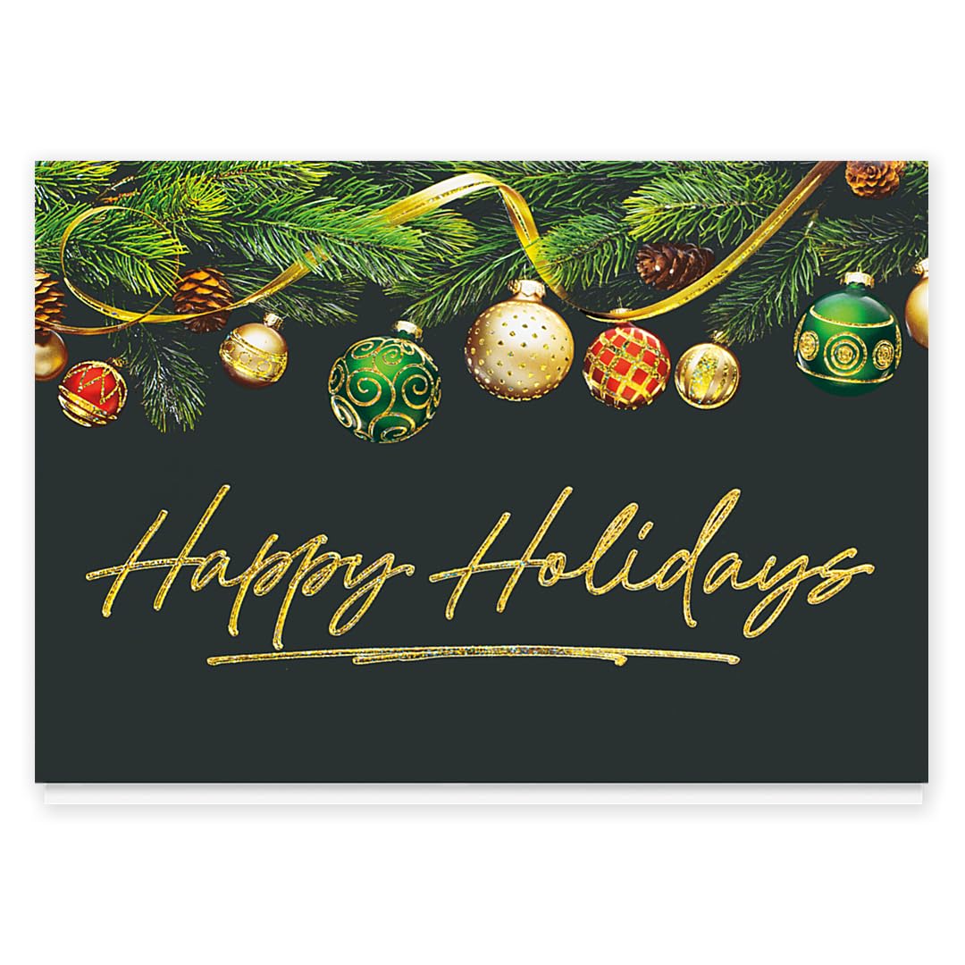 The Gallery Collection, 25 Personalized Christmas Cards with Foil-Lined Envelopes (Jewel Infused Ornaments), For Business or Consumer