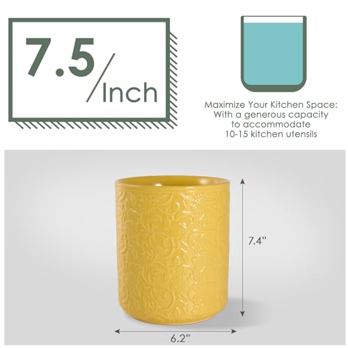 MEIGUI Kitchen Utensil Holder for Kitchen Décor, 7.2″ Extra Large Ceramic Utensil Crock for Countertop, Cooking Tool Utensil Caddy with Table-Protection Cork Mat, Farmhouse Utensil Organizer, Yellow