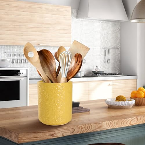 MEIGUI Kitchen Utensil Holder for Kitchen Décor, 7.2″ Extra Large Ceramic Utensil Crock for Countertop, Cooking Tool Utensil Caddy with Table-Protection Cork Mat, Farmhouse Utensil Organizer, Yellow