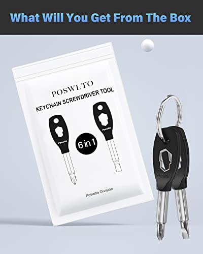 Keychain Screwdriver Tool 2 Pack, Poswlto 6-in-1 Screwdriver Set, Flathead and Phillips Bit, Hex Socket Wrench, Stocking Stuffers for Mens, Adults, Father, Husband, Employee, Christmas Gifts