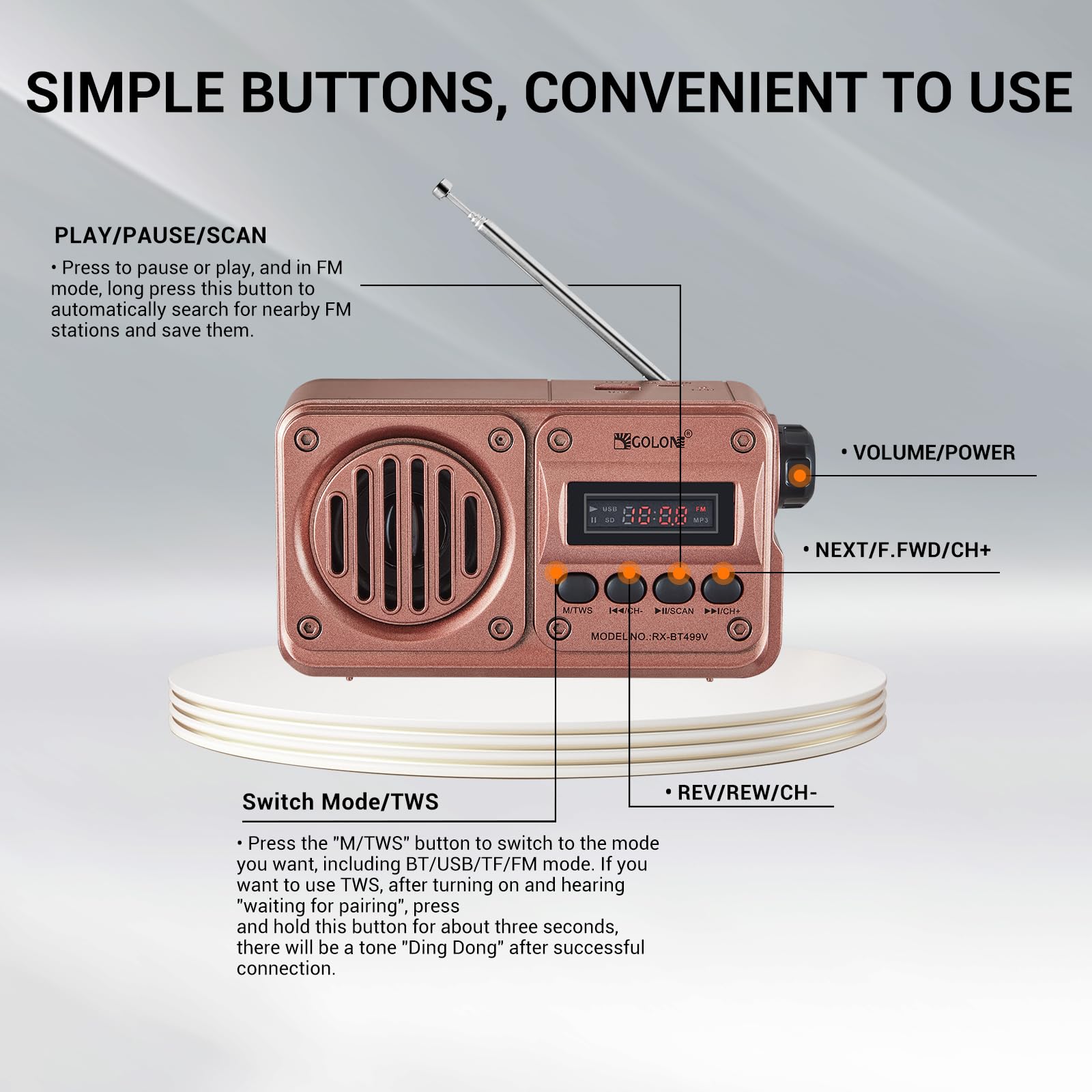Gelielim Portable Radio with Bluetooth, FM Radio with Loud Volume, Digital Radio Retro Bluetooth Speaker with LED Display Support TF Card/USB, Present for Grandparents for Kitchen Outdoor (No AM)