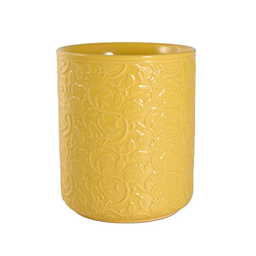 MEIGUI Kitchen Utensil Holder for Kitchen Décor, 7.2ⳠExtra Large Ceramic Utensil Crock for Countertop, Cooking Tool Utensil Caddy with Table-Protection Cork Mat, Farmhouse Utensil Organizer, Yellow