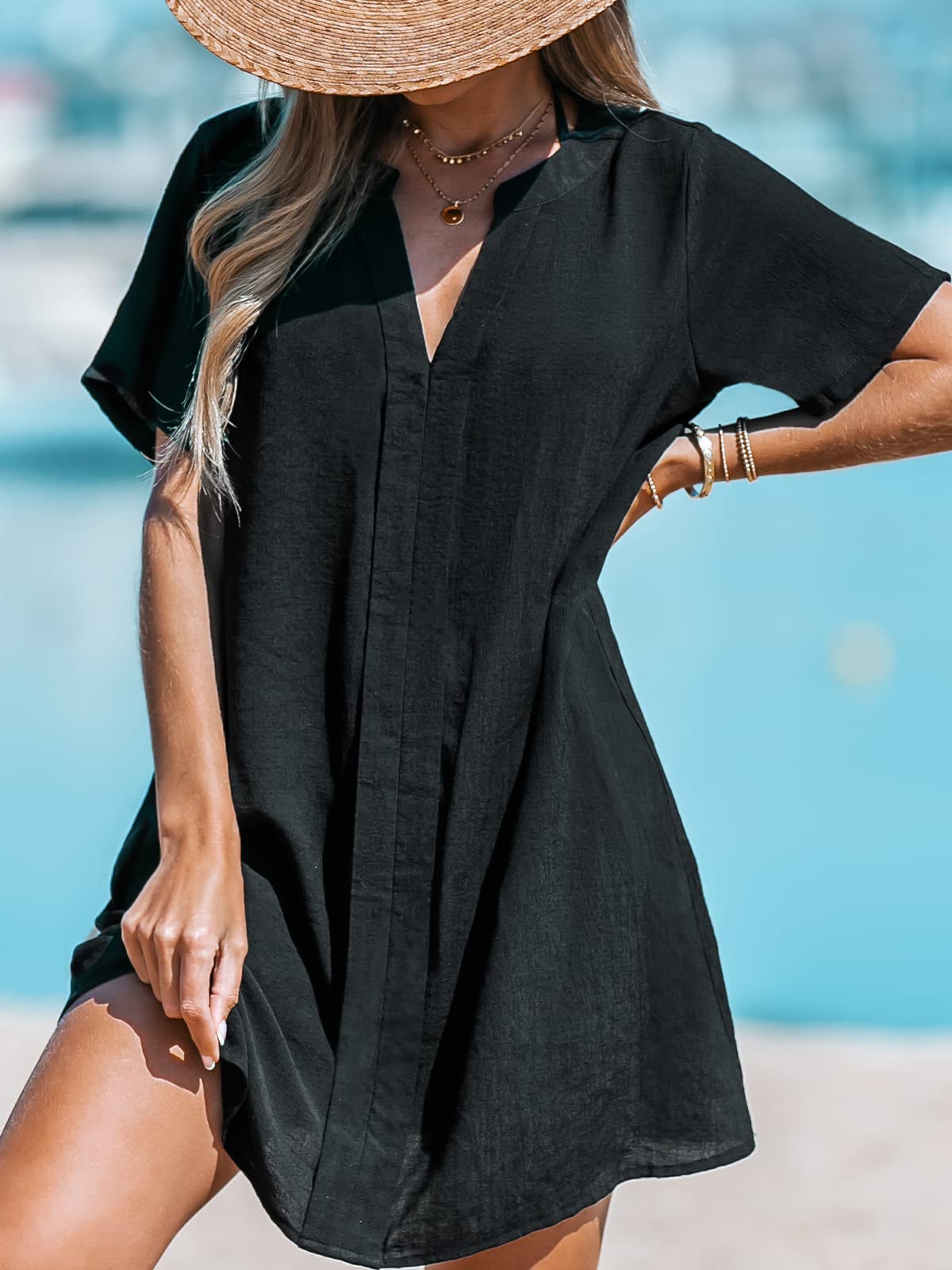 CUPSHE Women's V Neck Cover Up Dress Short Sleeve Semi-Sheer Beach Mini Dress Black